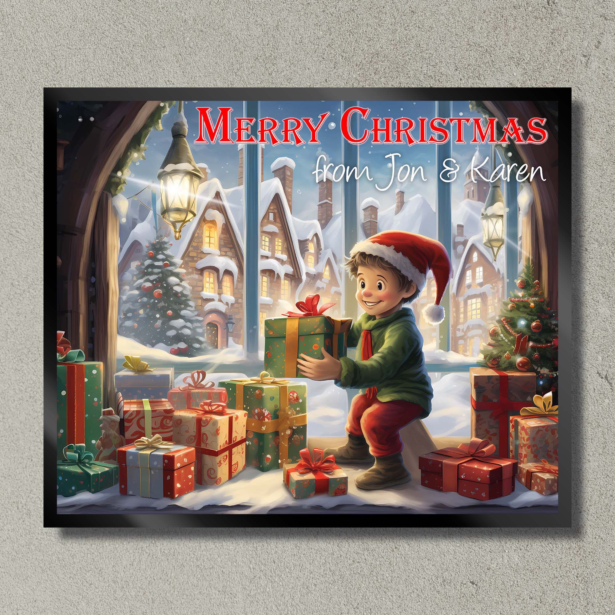 Illuminated Artwork Christmas Illustration "Boy with Presents" with Pe ...